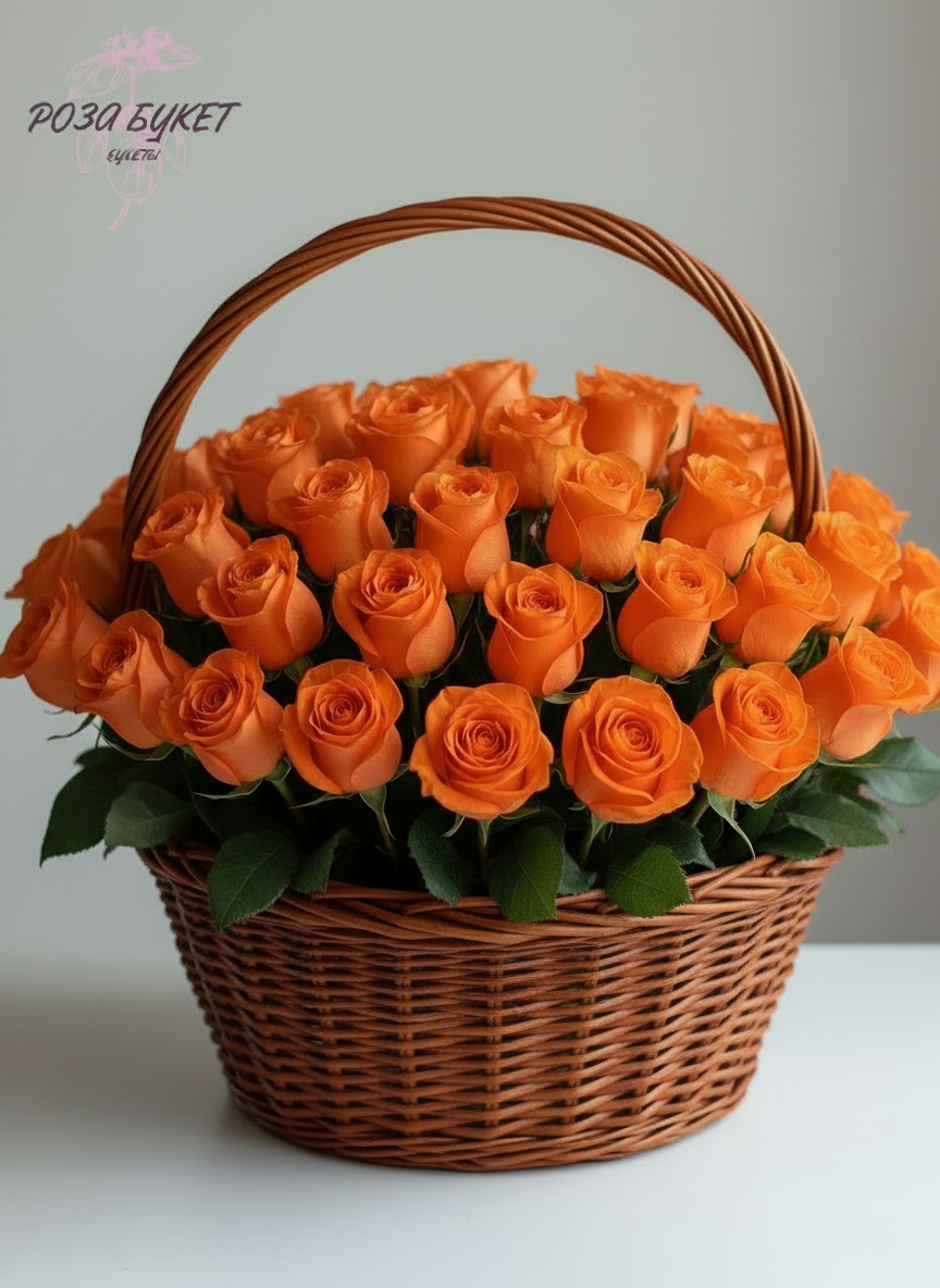 Букет цветов, букет из оранжевых роз 51 шт в корзине, премиум цветы, плетеная коричневая корзина, долгий букет