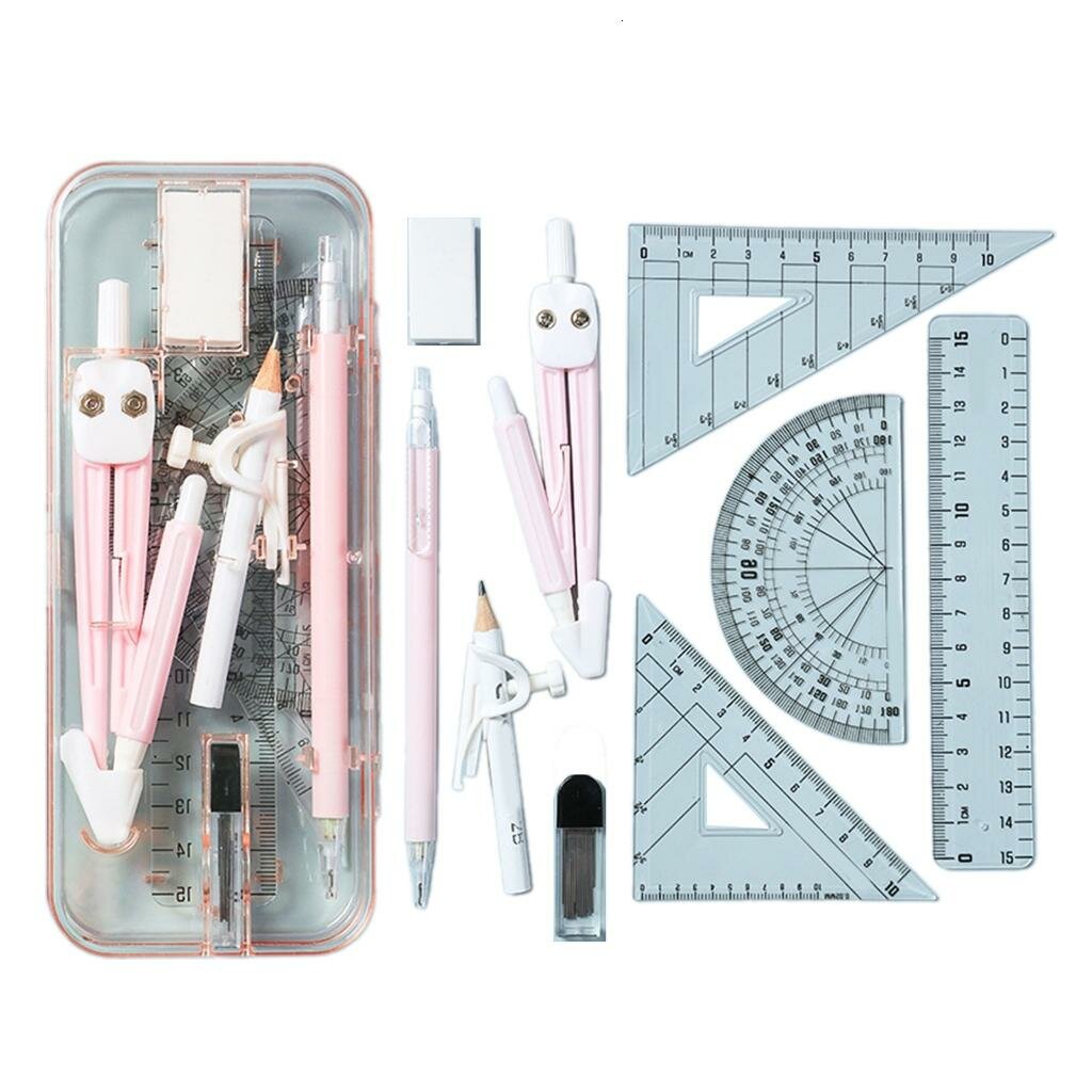 Чертежный набор 9 предметов с циркулем и линейкой, красный