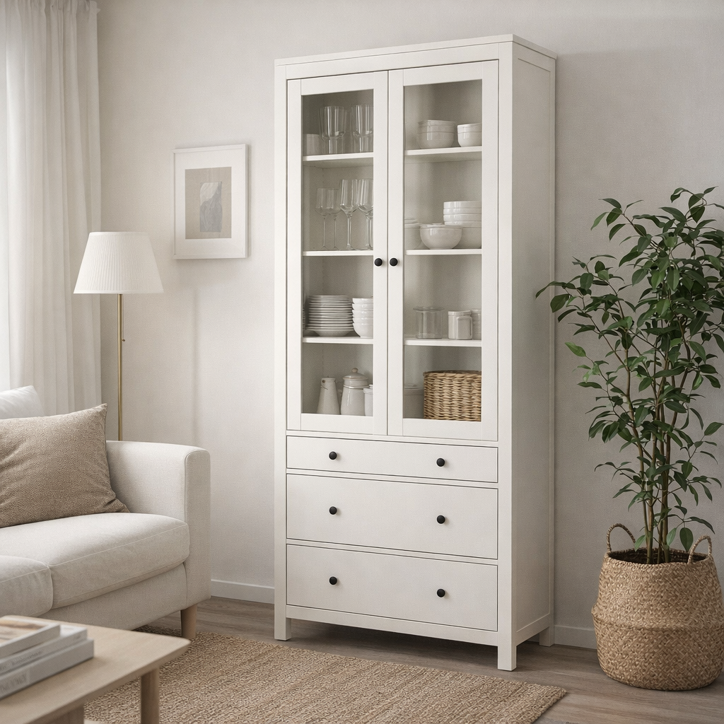 Шкаф-витрина IKEA Сага , белый, 2 двери, 3 ящика, 90x41x215 см