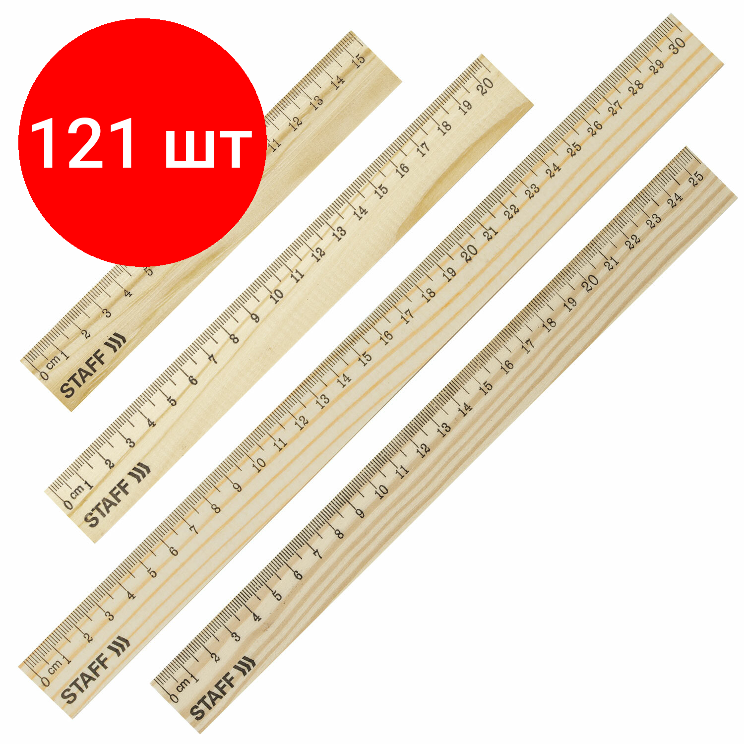 Комплект 121 шт, Набор деревянных линеек STAFF, 15 см, 20 см, 25 см, 30 см, канадская сосна, 210803