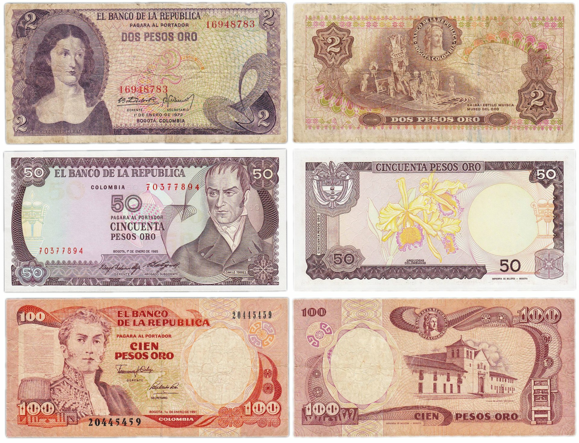 Колумбия 2, 50, 100 песо 1972-1991