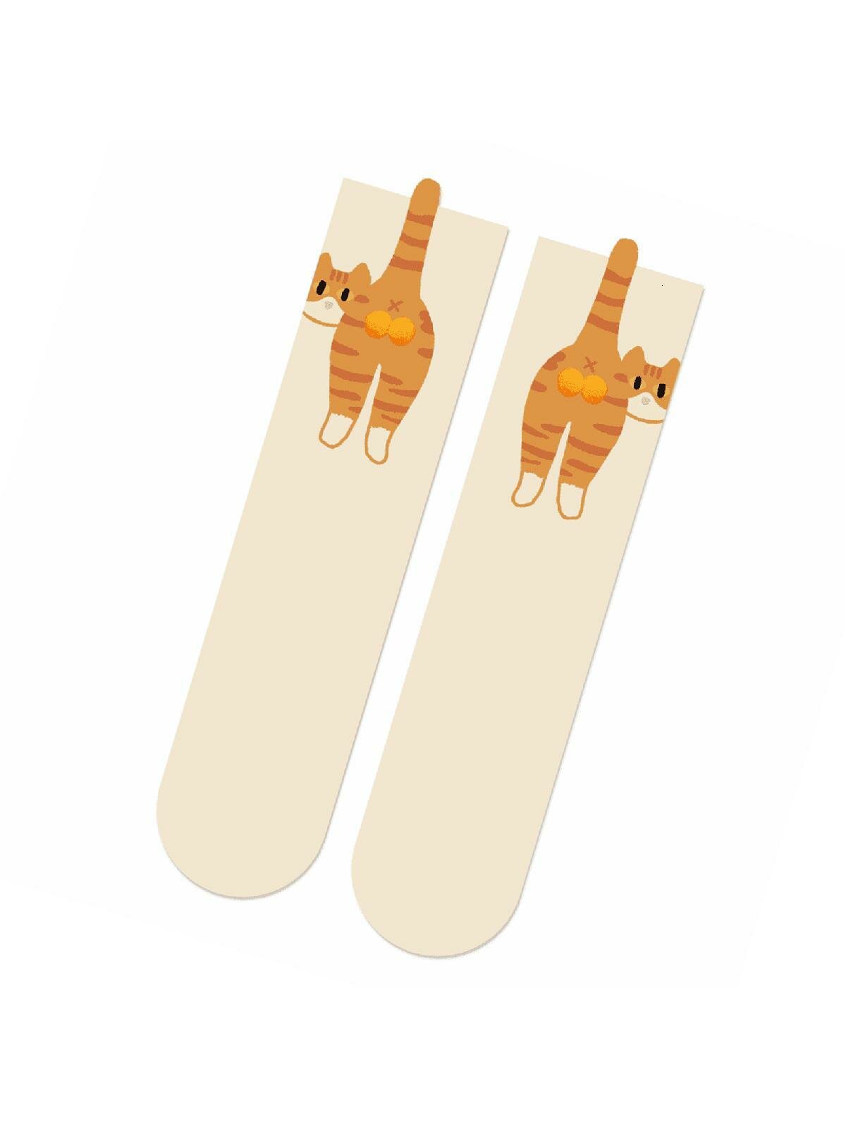 Женские носки средней длины с принтом котов из хлопка, Бежевый