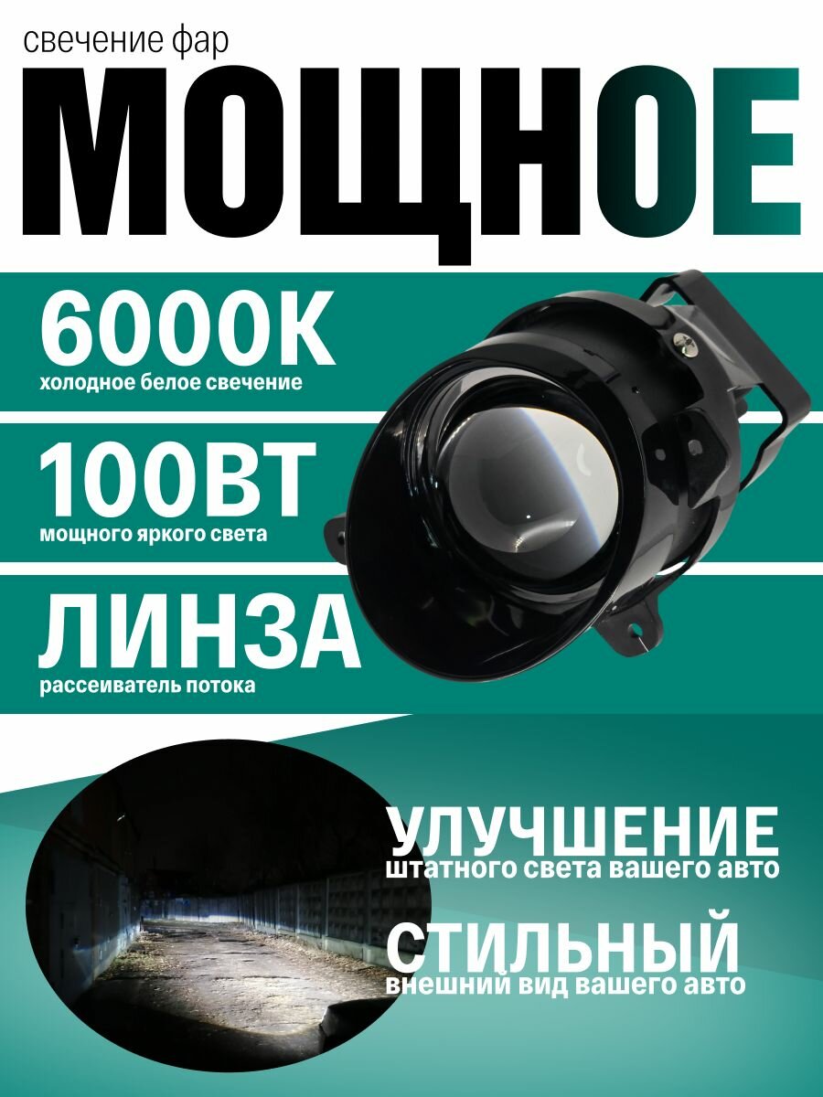 Противотуманные фары на Гранта, Ларгус, Калина светодиодные led линзы ПТФ, белый свет, 100w, 2 шт