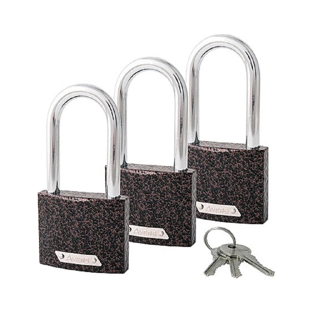 Замки навесные AVERS PD-01-63-L-Blister (3Locks+3Keys) 30922, стальной замок с цилиндровым механизмом, чугунный корпус