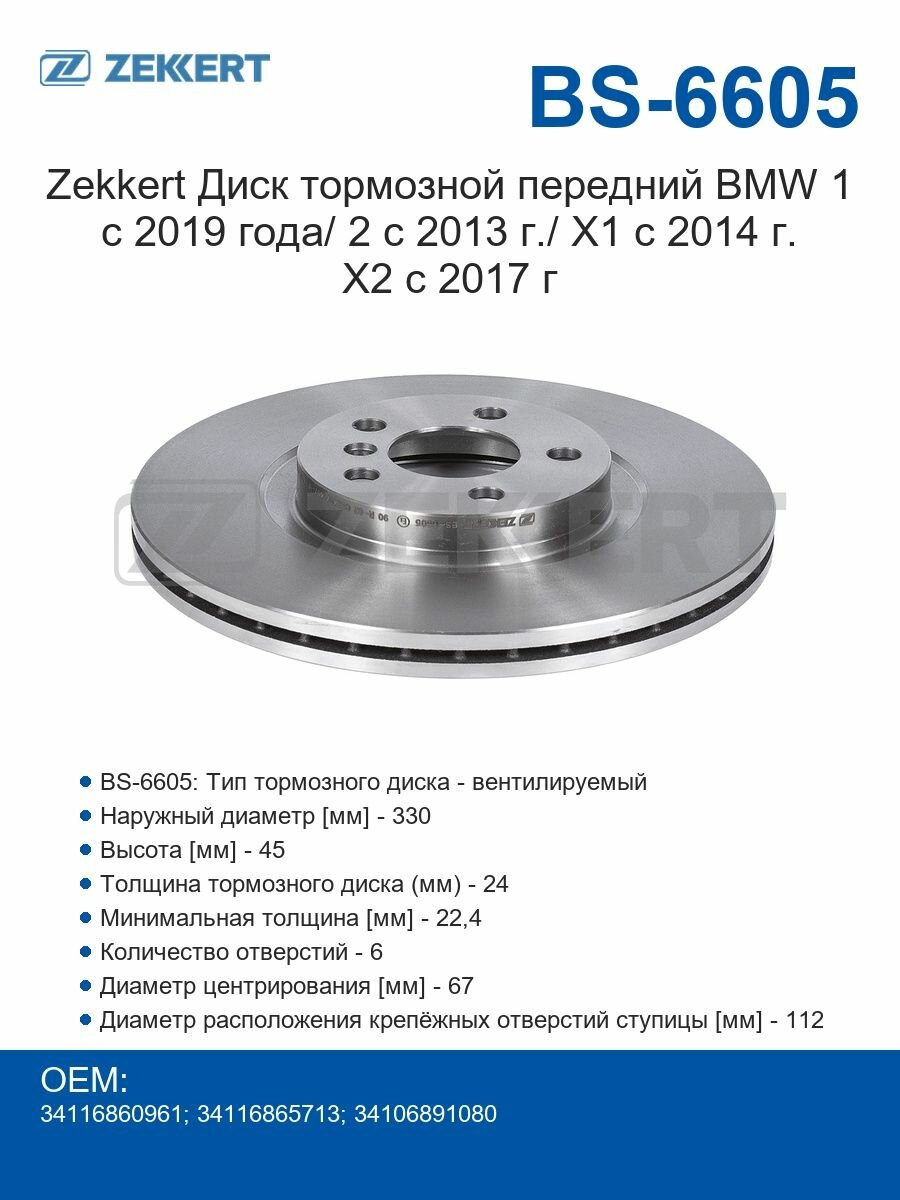 Zekkert Диск тормозной передний BMW 1 с 2019 года/ 2 с 2013 г./ X1 с 2014 г. X2 с 2017 г