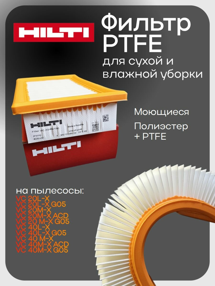 Фильтр птфэ PTFE для пылесоса Hilti VC 20/40-X для сухой и влажной уборки