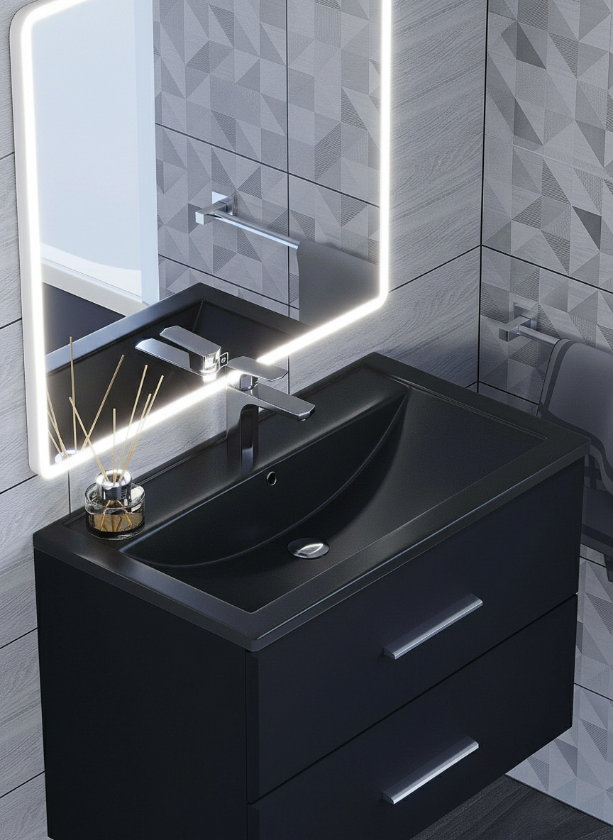Раковина кварцевая для ванной Uperwood Foster Quartz 80 см, черная матовая, космос