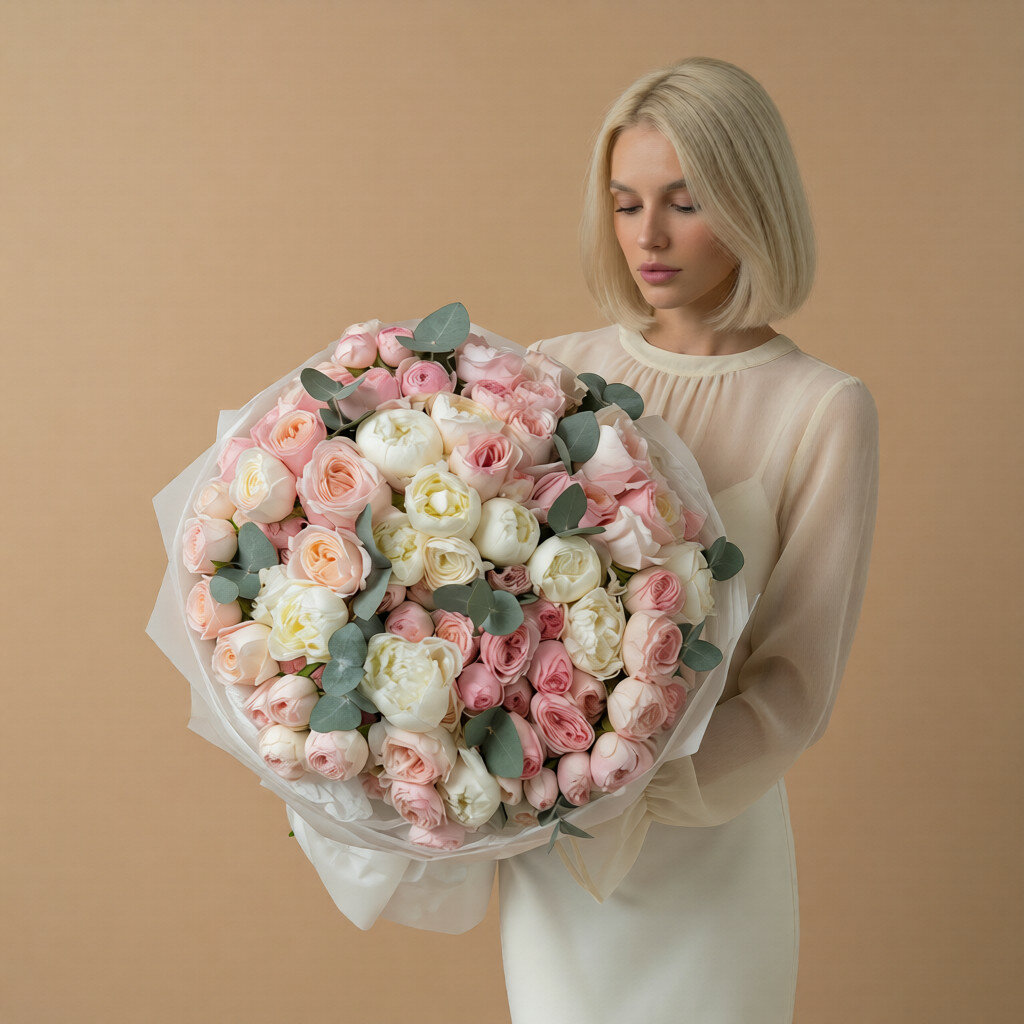 Авторский букет "Лунная соната", кустовые розы, пионы, роза, эвкалипт, в плёнке, с лентой