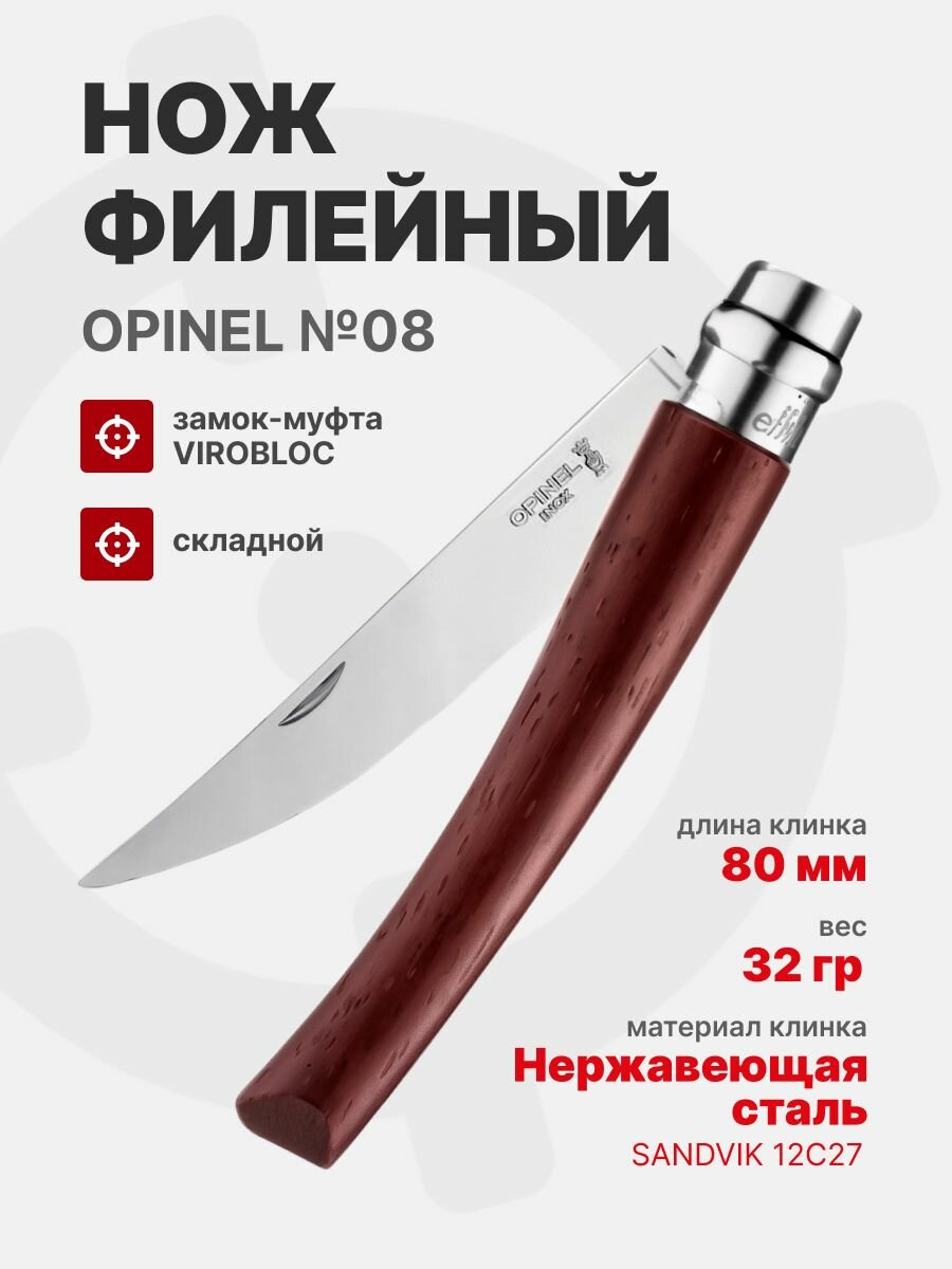Нож филейный Opinel №08 клинок 8см, нержавеющая сталь, рукоять бубинга
