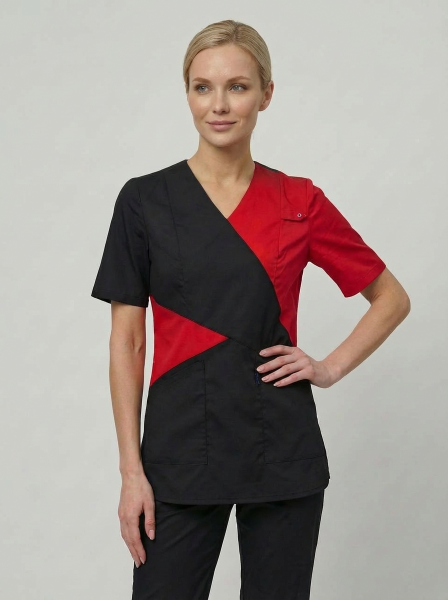 Медицинский костюм (хирургичка) вилан короткий рукав, черный/красный, размер 52-54, рост 158-164