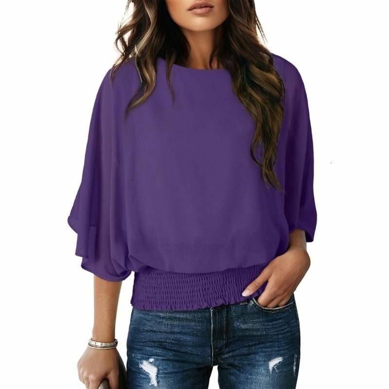 Женские блузки из шифона с V-образным вырезом, Фиолетовый - XL
