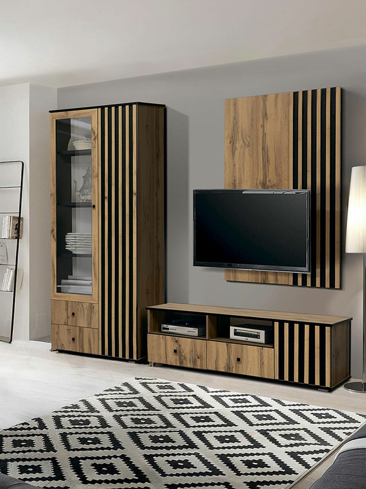 Гостиная комплект Либерти Трио ТВ-тумба, шкаф-витрина, 210.2х42.9х204 см, Дуб Вотан / Черный
