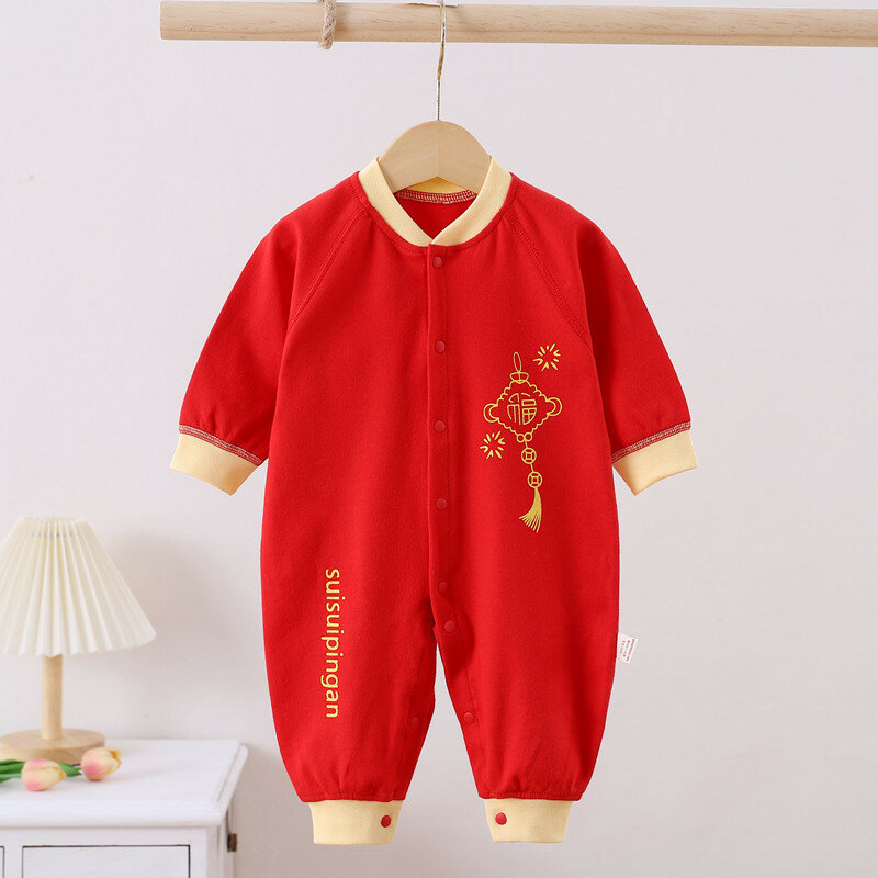 Красный наряд для новорожденного на полнолуние, тонкий комбинезон, праздничный ярко-красный бесшовный комбинезон для новорожденного на сто дней