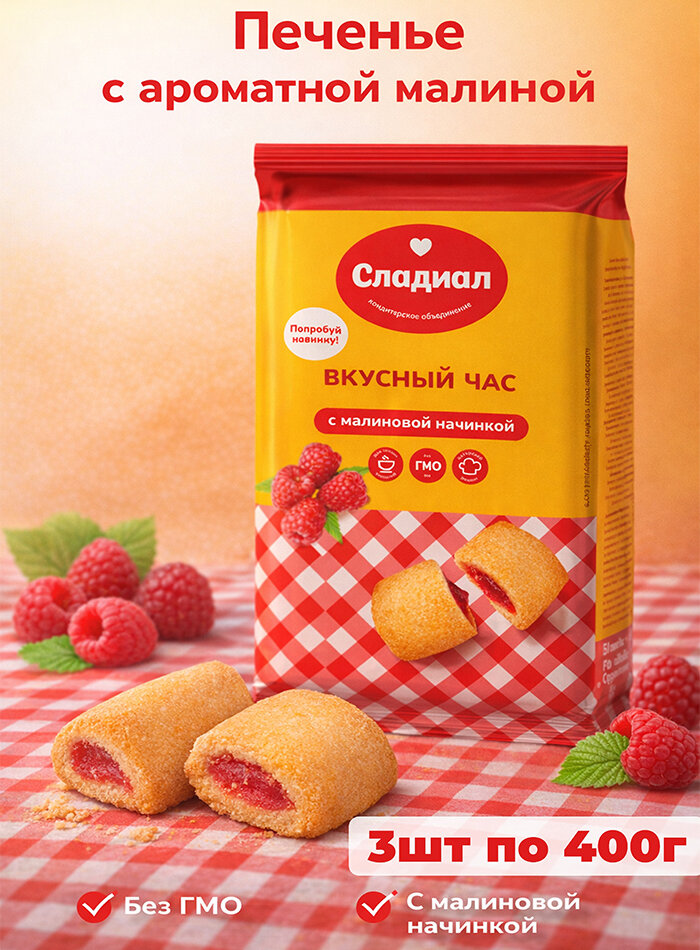 Печенье Вкусный час с ароматной малиновой 3шт по 400г