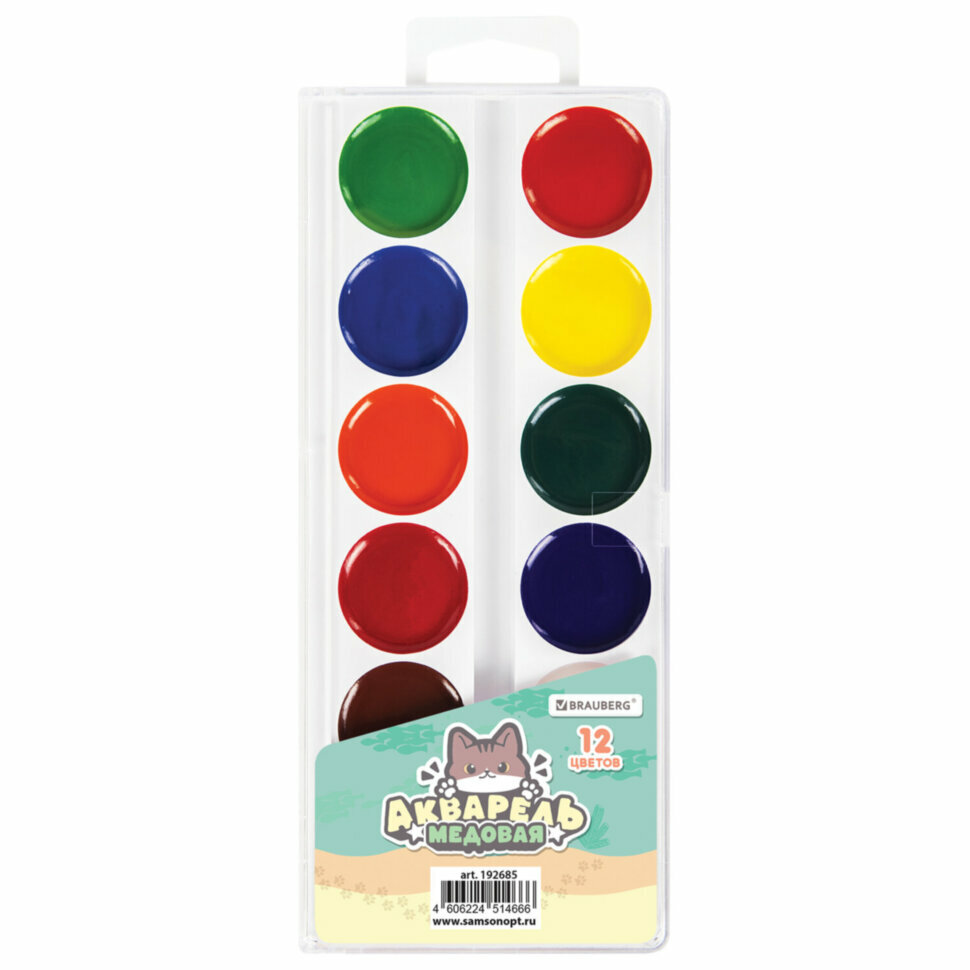 Краски акварельные BRAUBERG "милые коты", медовые, 12 цветов, круглые кюветы, 192685, 192685