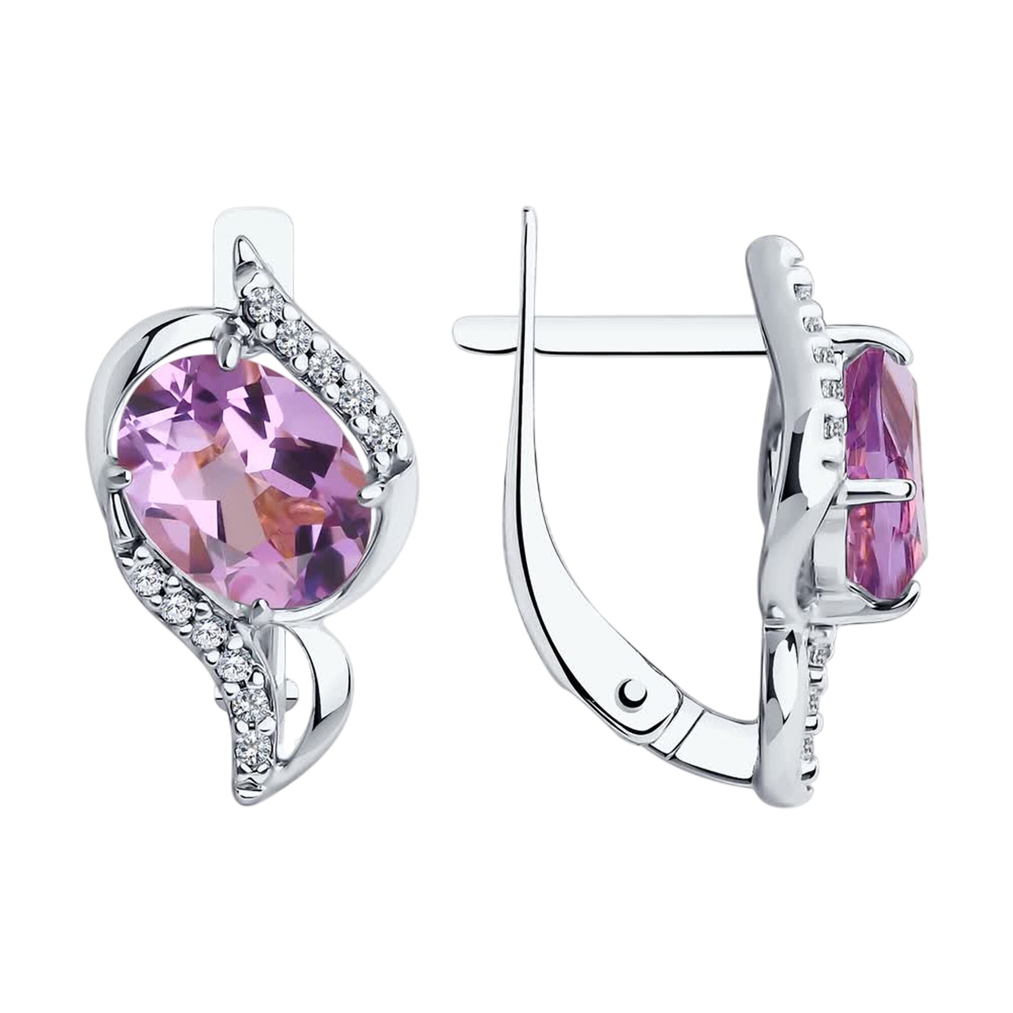 Серьги, серебро, 925 проба, родирование, аметист, фианит
