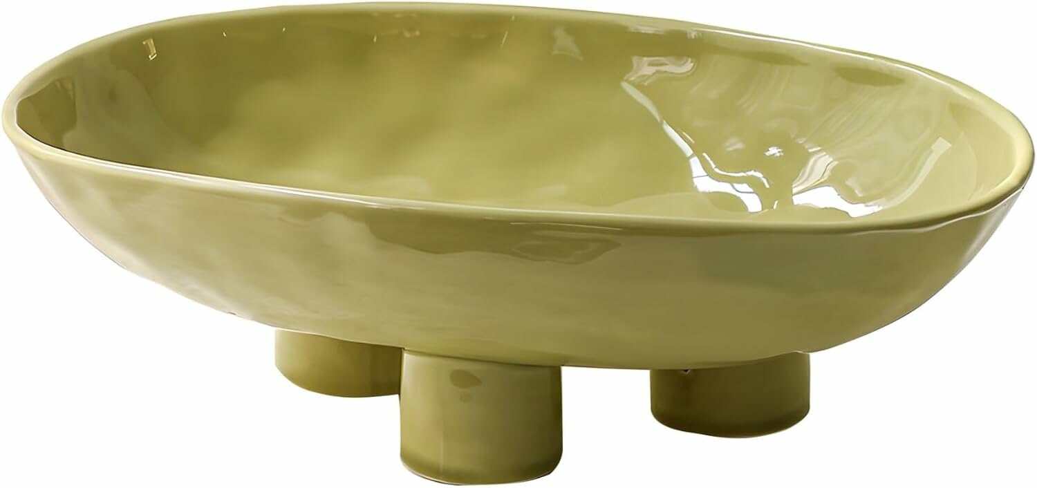 HAQI Керамическая овальная чаша для фруктов на трех ножках, 25 см, стильная сервировочная тарелка для кухни, декоративная высокая ваза для конфет или ключей, акцент в интерьере