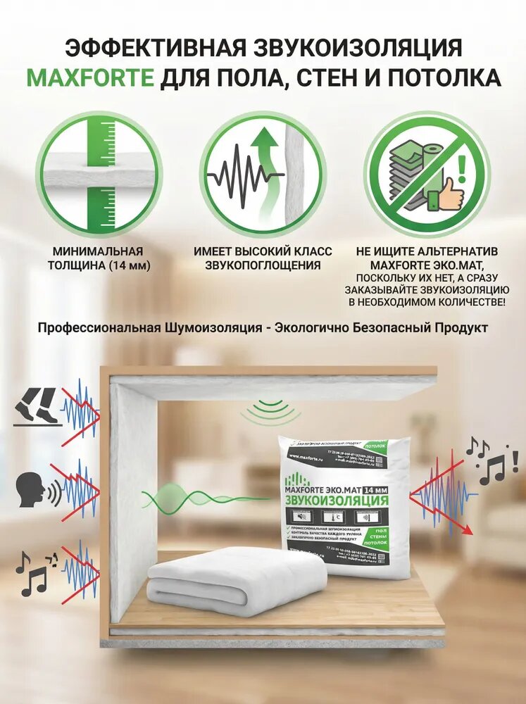 Звукоизоляция для стен, потолка, пола в квартире. Шумоизоляция МаксФорте ЭКО. МАТ 7,5м2 толщина 14 мм