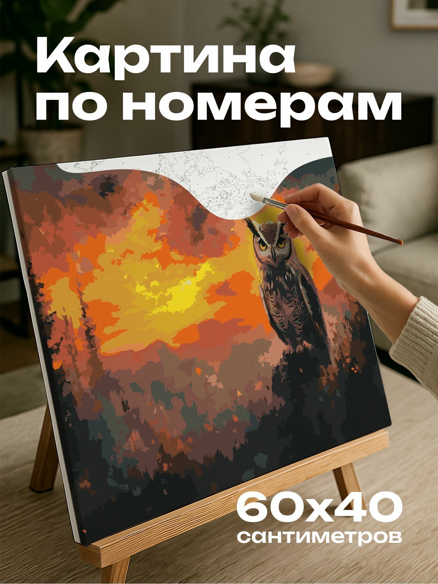 Картина по номерам 60x40 см, сова, закат, масляная картина, элегантность, краски, кисть, осанка, вечернее небо