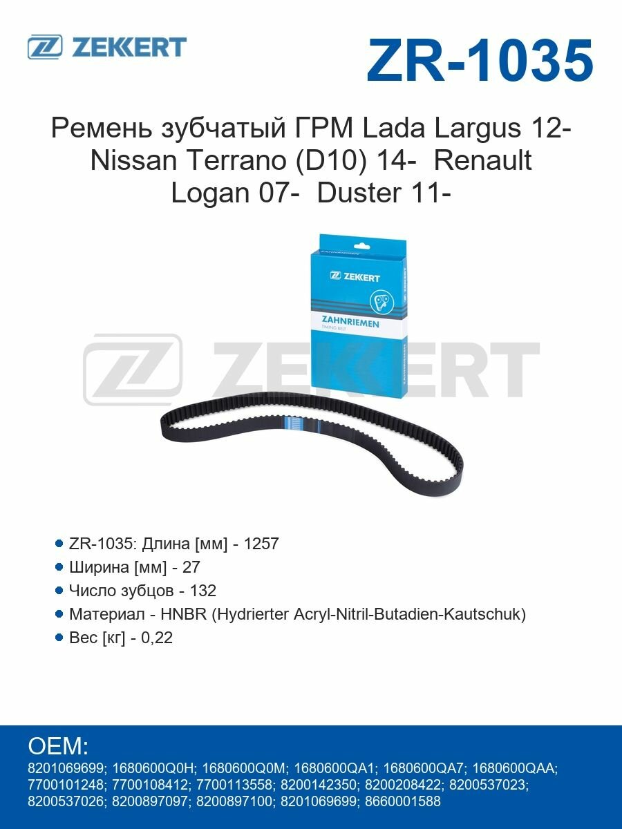 Zekkert Ремень ГРМ Lada Largus с 2012 г. Nissan Terrano (D10) с 2014 г. Renault Logan с 2007 г. Duster с 2011 г.
