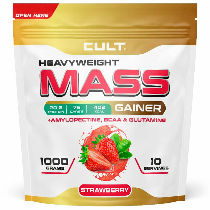 Гейнер Cult Pure Mass Gainer, клубника, 100%, без сахара, 1 кг