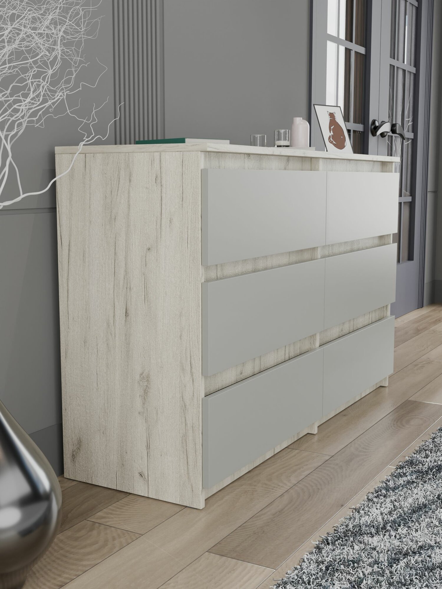 Комод для белья и одежды орлан 6 ящиков, 120х76.4х40 см, дуб крафт белый-шиншилла серая