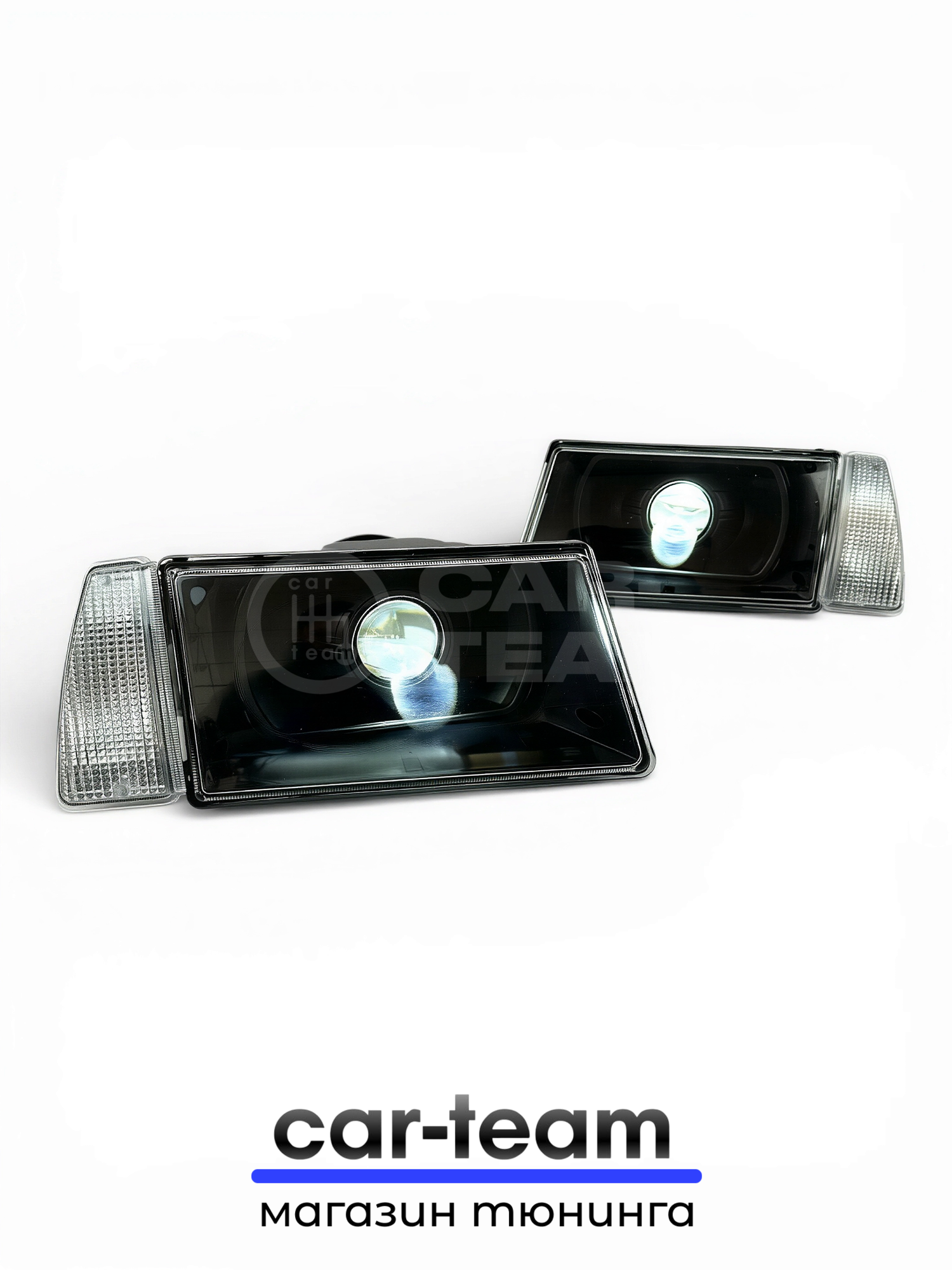 Фары на ВАЗ 2108, 2109, 21099 передние с Bi LED модулями 3.0 дюйма, черная маска, белые поворотники (под ключ)