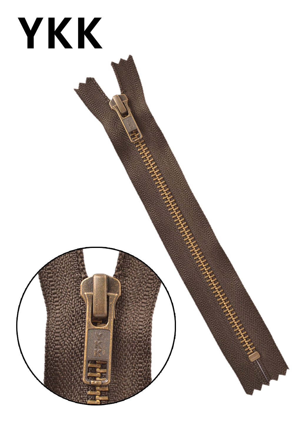Молния YKК металлическая T5 неразъёмная, антик, 18 см, 1шт/упак, коричневый
