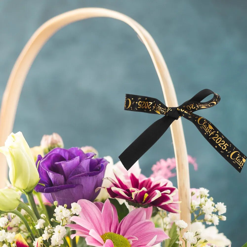 Декоративная черная полиэстеровая лента с фольгой для выпускного, длина 4,5 м