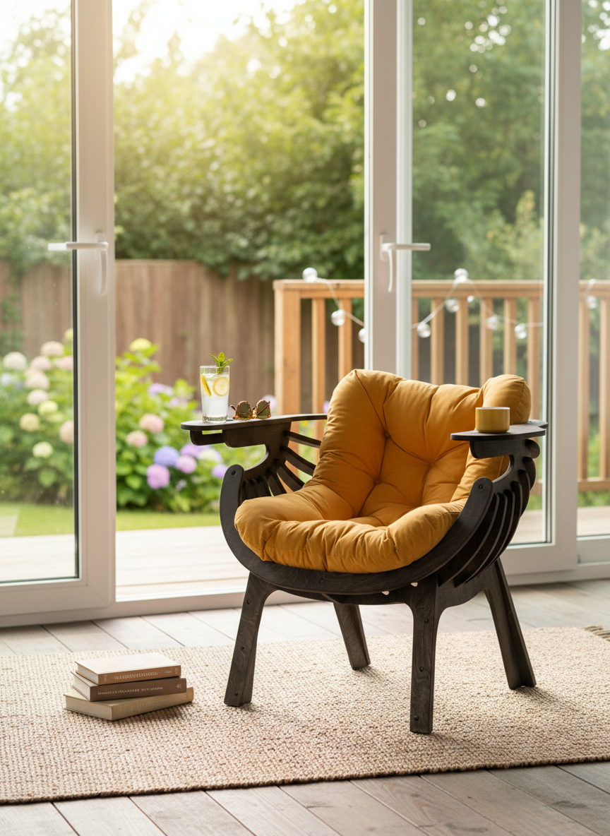 Садовое кресло "ракушка XXL" для отдыха на даче, цвет черный + горчичная подушка