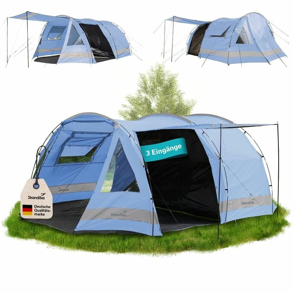 Decathlon Палатка кемпинговая туннельная Skandika Kambo 6, 6-местная, 1 большая спальня, голубая