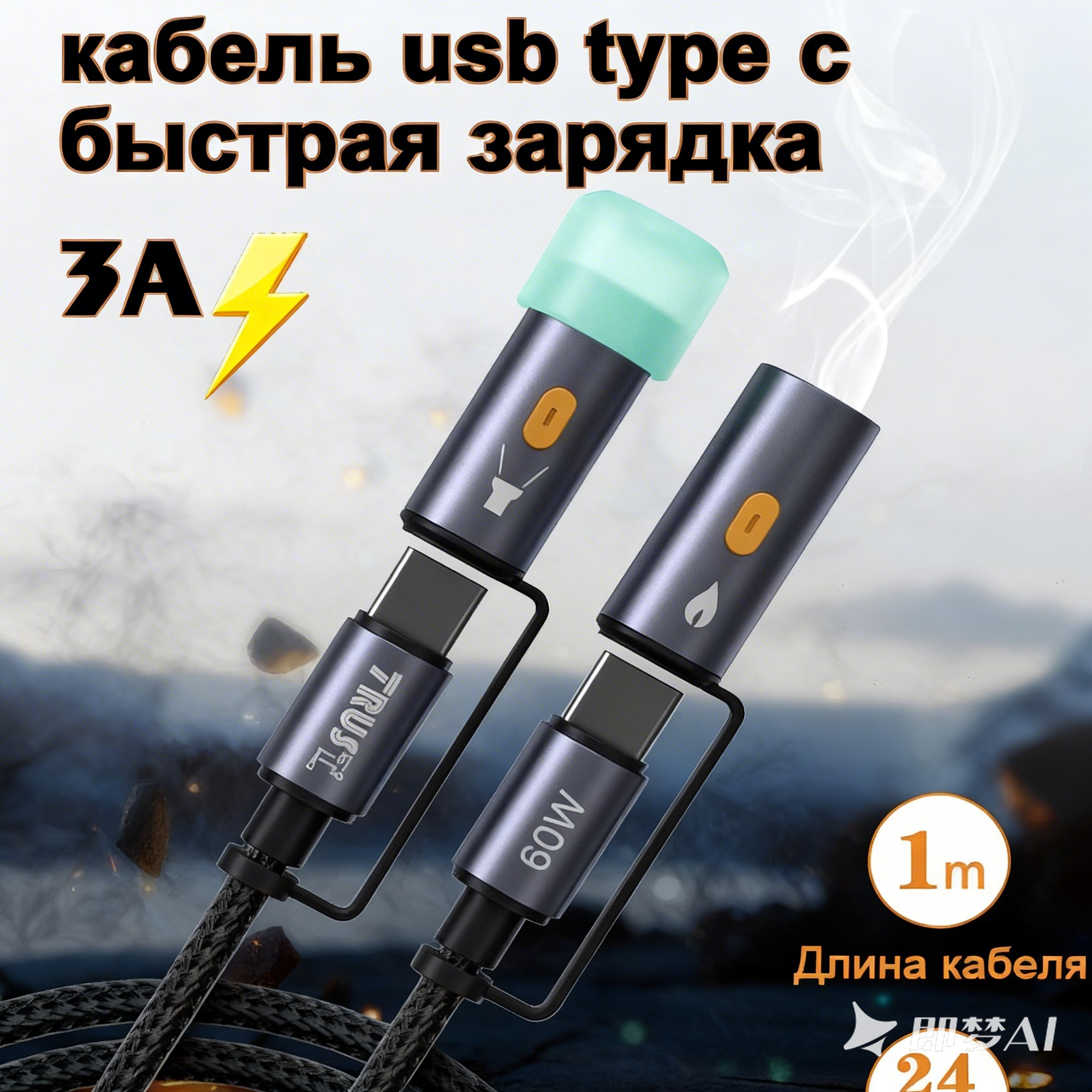 Кабель-фонарик, алюминиевый, 5W, 3 режима, экстренный обогрев, 60W, 40000 изгибов