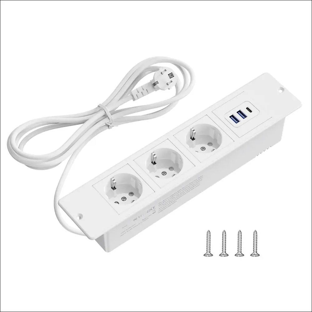 Встраиваемая белая розетка с тремя розетками, USB зарядкой и глянцевым покрытием