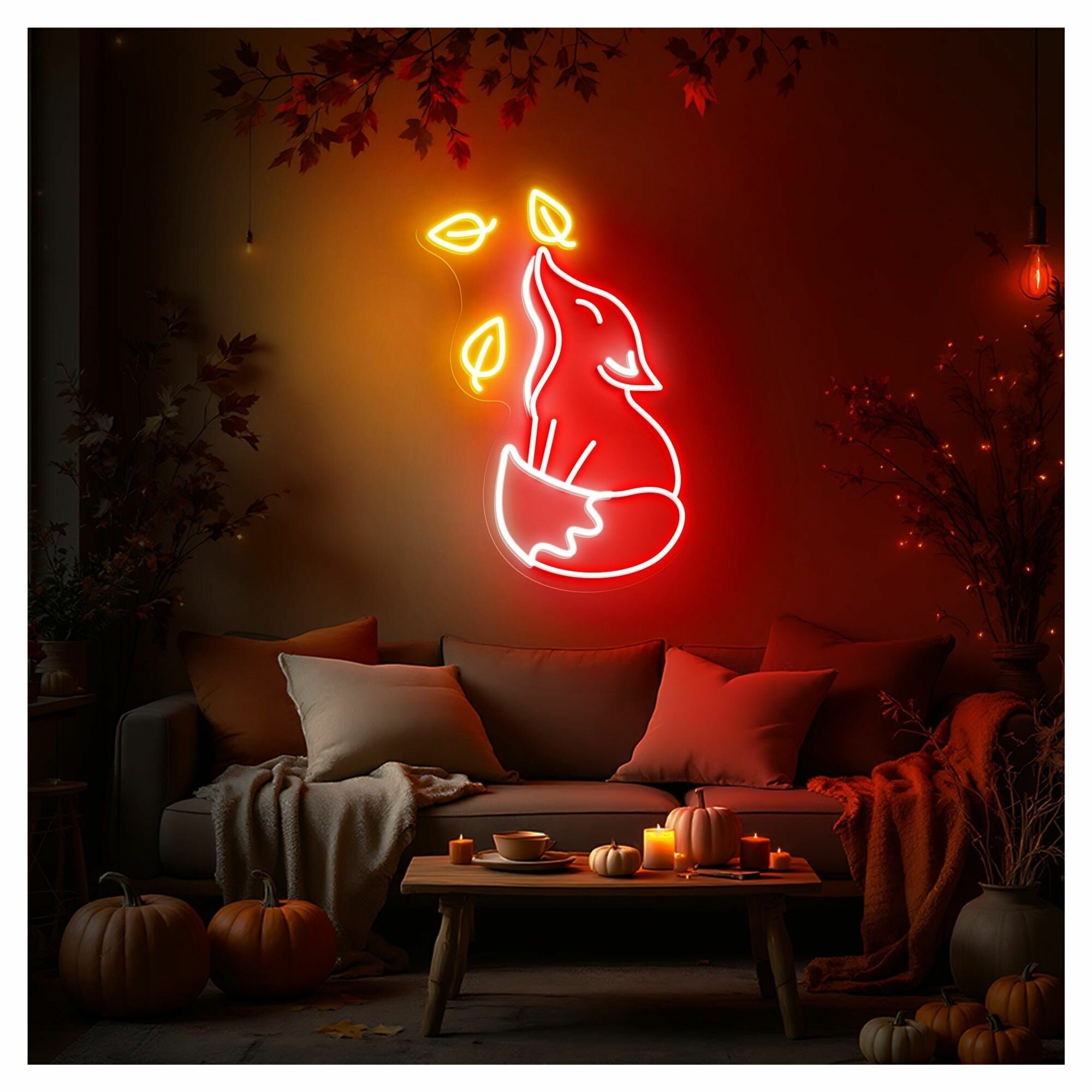 Неоновая Вывеска Лиса С Осенним Листом, 31смx47см