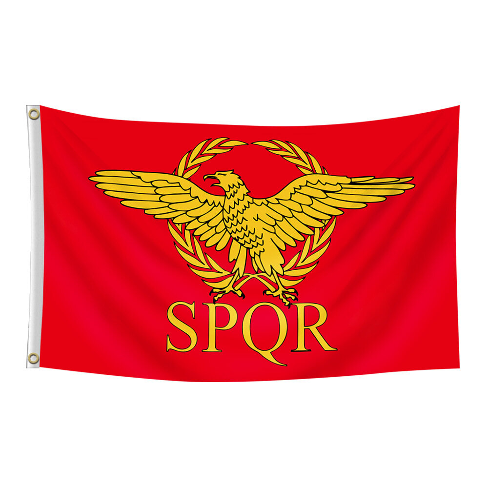 Флаг Римской империи SPQR - красный полиэстер, 90x150 см, с изображением золотого орла и лаврового венка. Флагшток в комплект не входит. Исторический дизайн с изображением римского сената и народа.