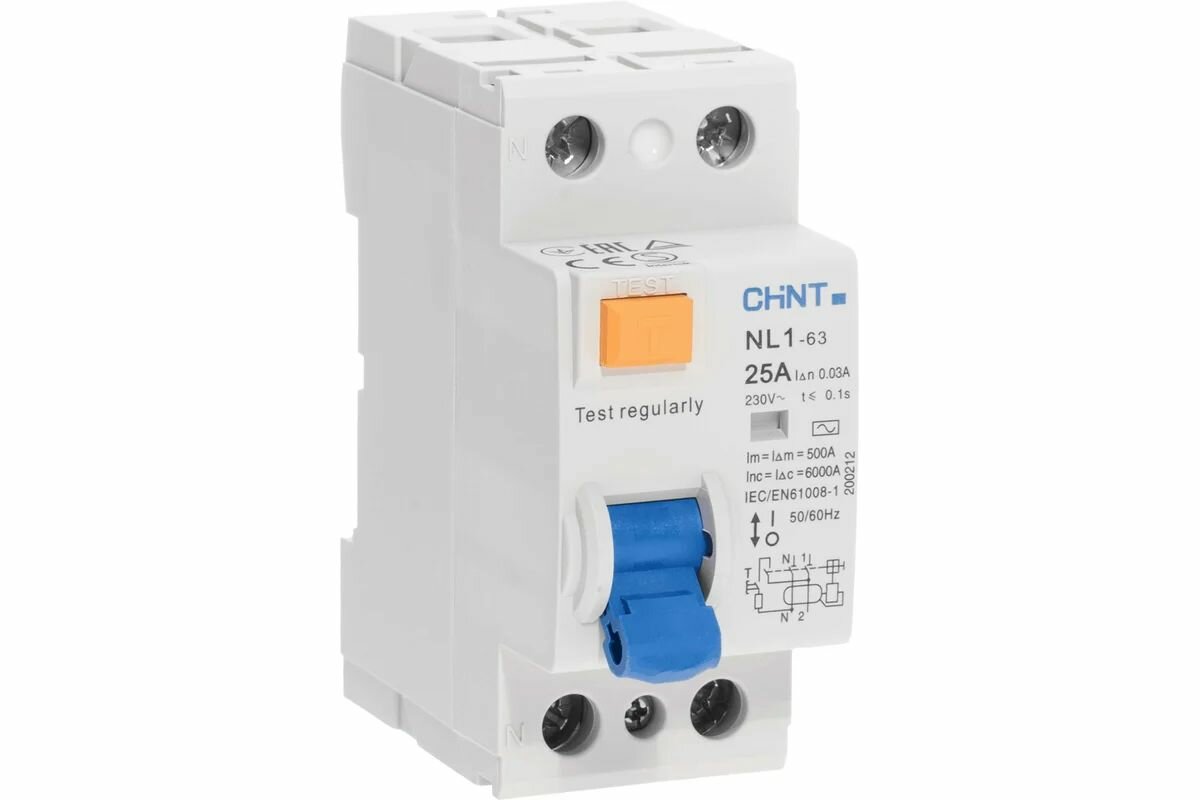 Выключатель дифференциального тока (УЗО) 2п 25А 30мА тип AC 6кА NL1-63 (R) CHINT