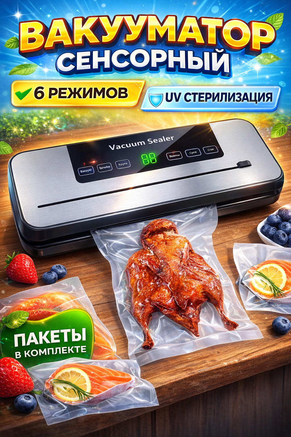 Вакууматор для продуктов, вакуумный упаковщик с резаком сенсорная панель