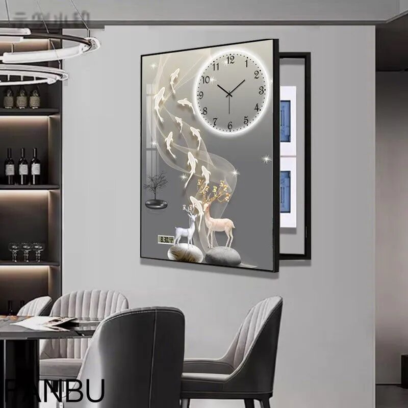 Фоторамка со встроенными часами Картина с изображением оленей и рыбок, настенная, металлическая