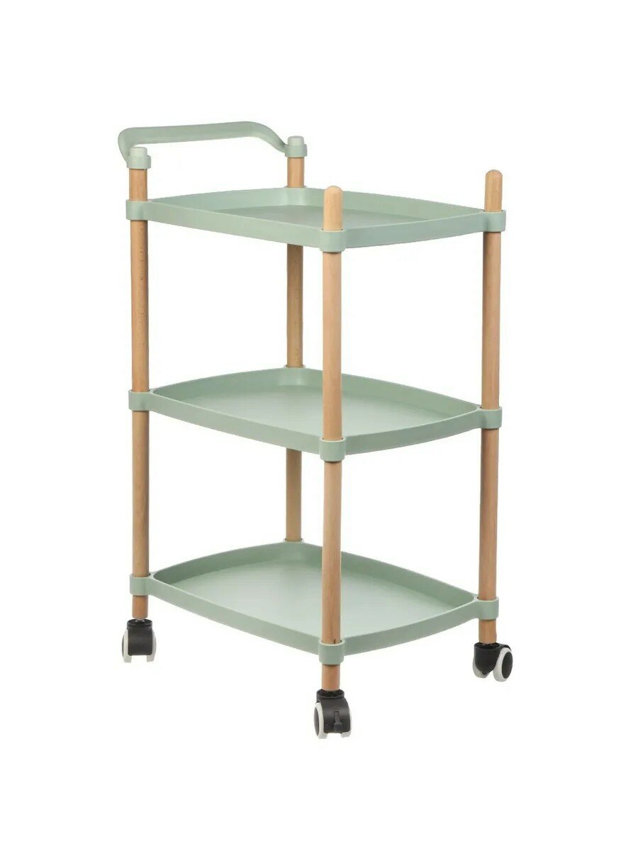 Этажерка с колесиками 3 секции 45х32х77 см, зеленая пластиковая полка для хранения вещей в гостиной, прихожей, на даче.