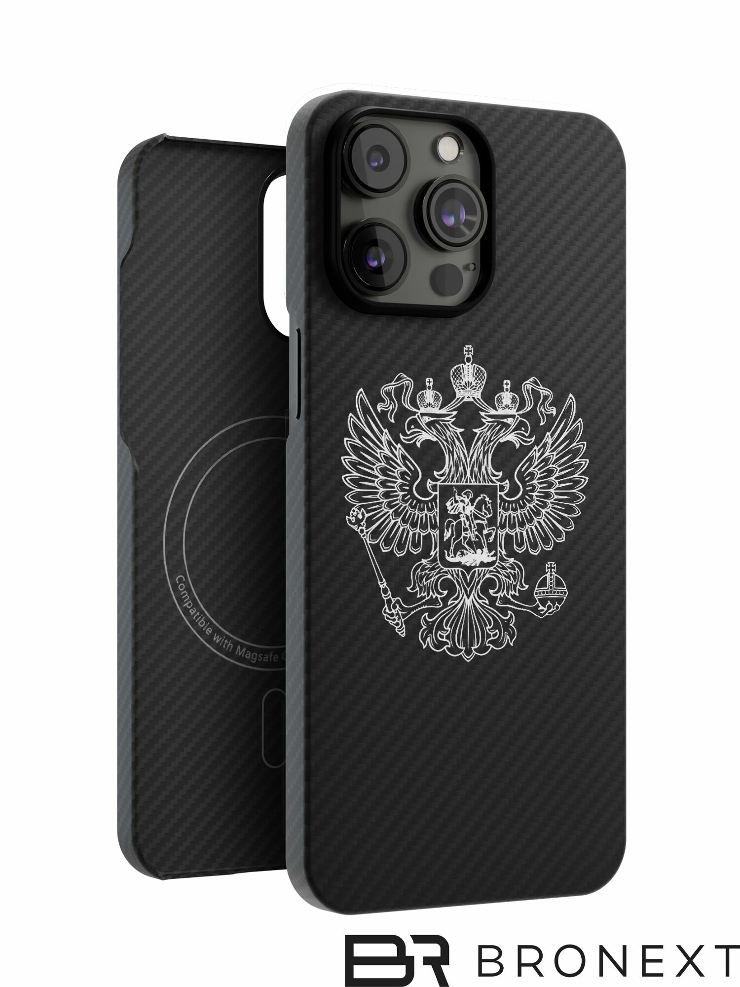 Чехол на Айфон 14 про макс карбоновый с Гербом РФ кевларовый