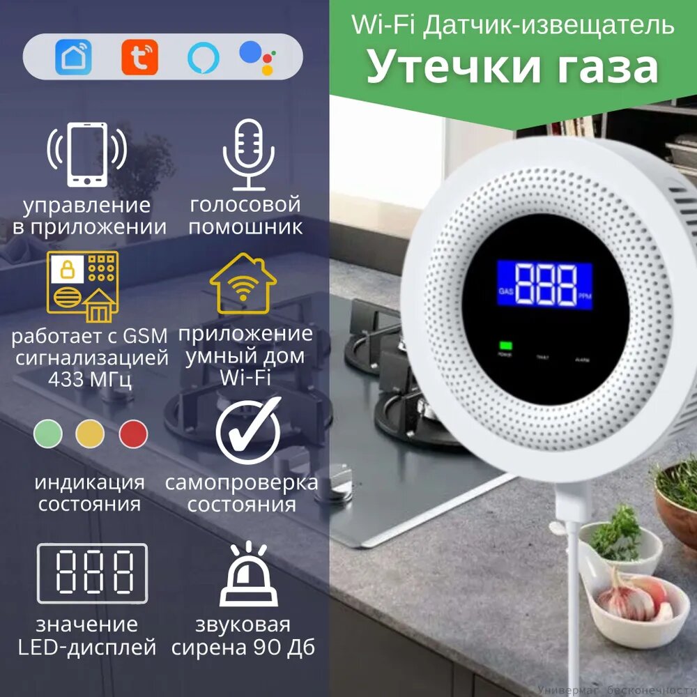 Датчик умного дома Wi-Fi Датчик-извещатель Утечки газа для охранных систем GSM/Wi-Fi 433 МГц — фото 1