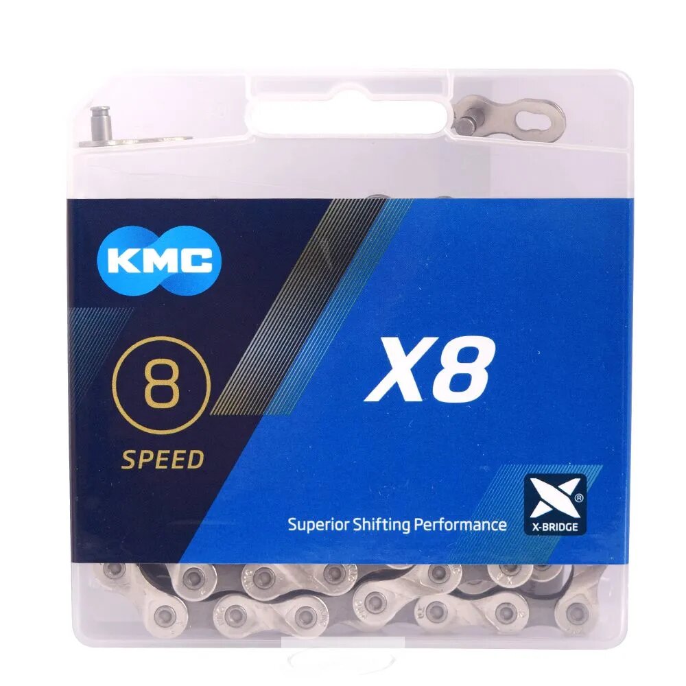 KMC X8 116L Серебряная велосипедная цепь с замком, в коробке