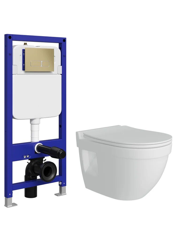 Комплект 4 в 1: Инсталляция STWORKI Кронборг S28500GM / Унитаз подвесной Teymi Vitra Pro T40806 / Комплект шумоизоляции, Кнопка матовая золотая