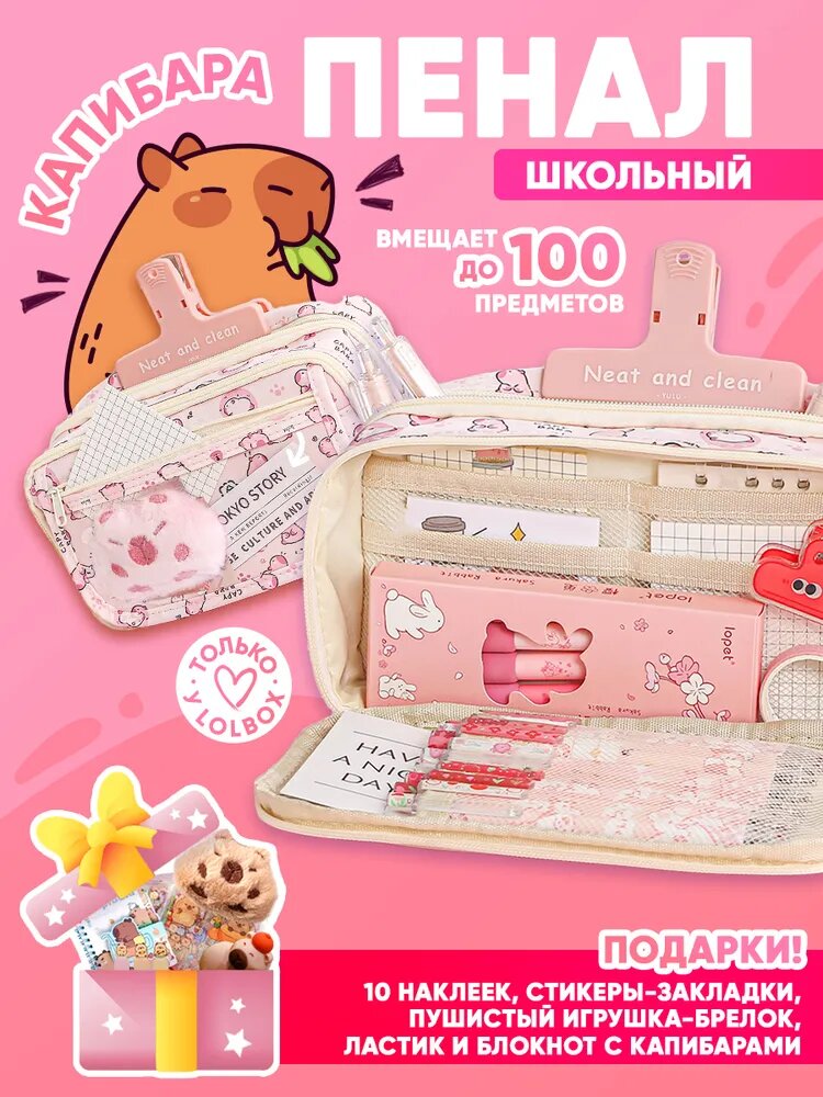 Пенал LOLBOX школьный для девочек, прямоугольный, розовый, с капибарой, с наполнением