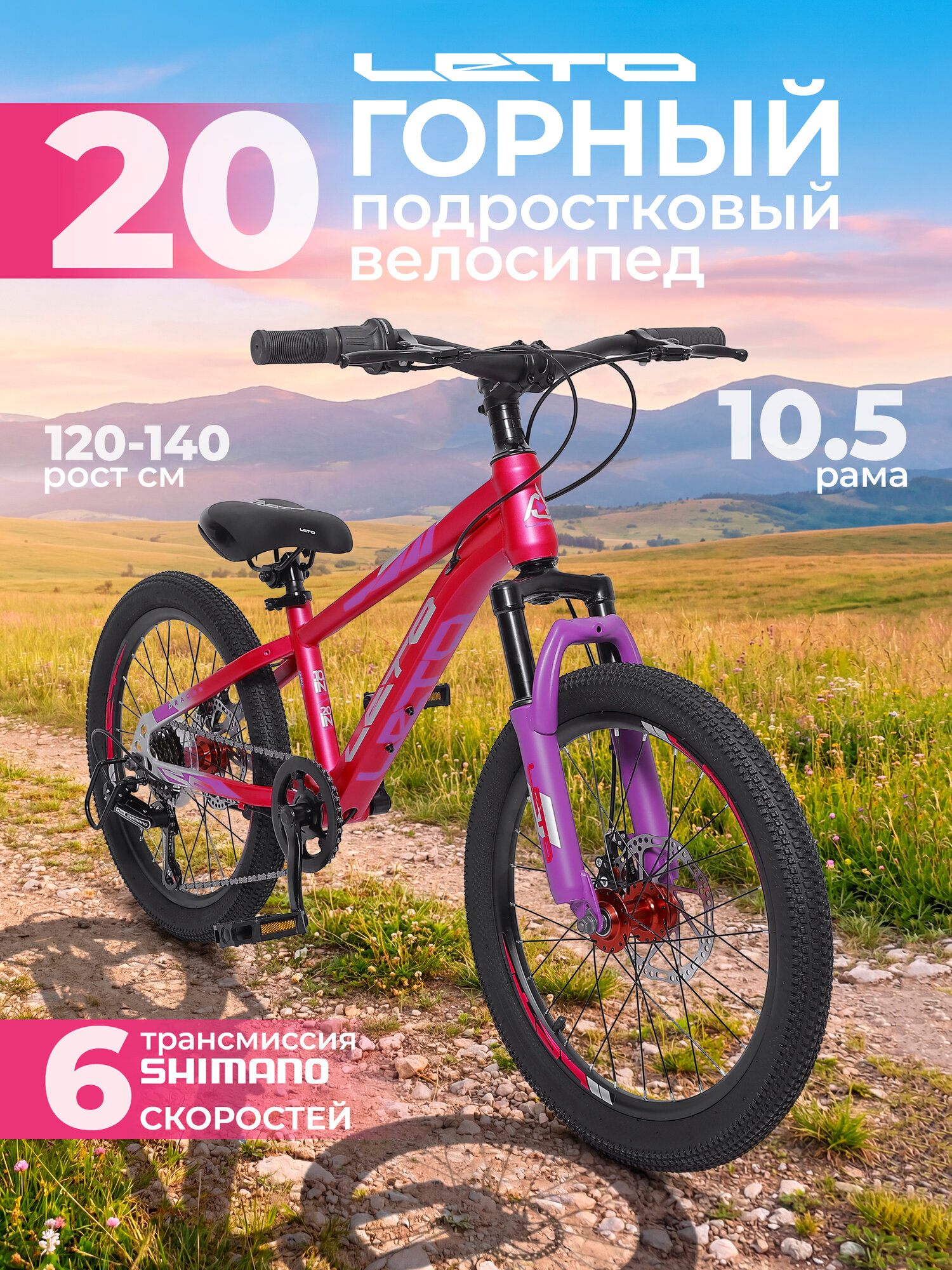 Велосипед подростковый 20" LETO DRAGON, сталь, рама 10,5", 6-ск, розовый