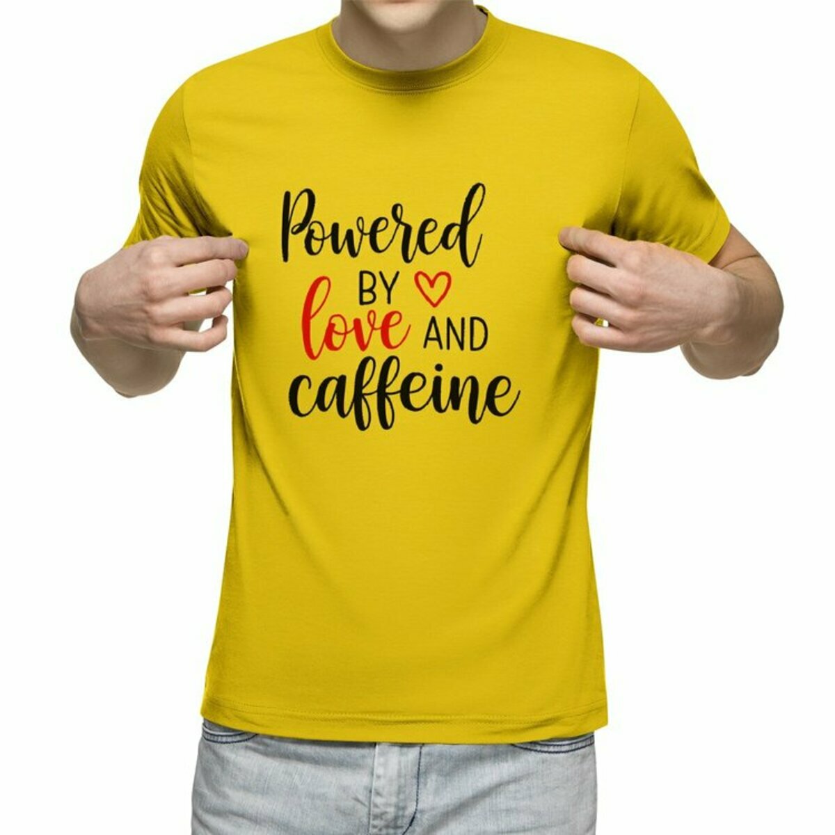 Мужская футболка «Powered by Love and Caffeine» (желтый, S)