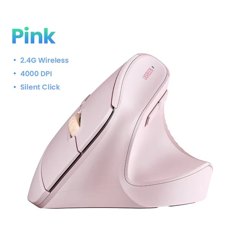 UGREEN Вертикальная мышь 2.4G Pink, 4000 DPI, Silent Click