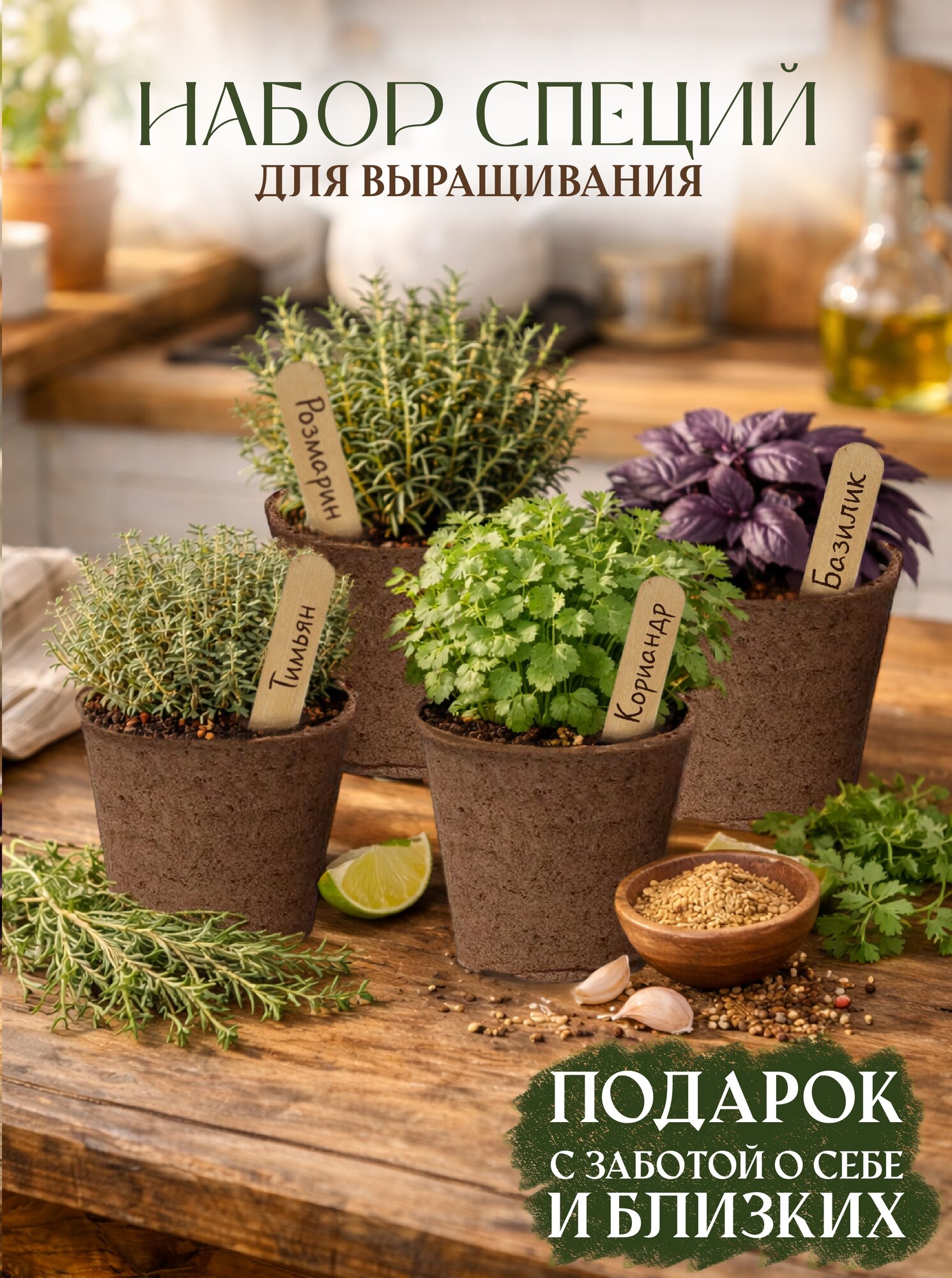 Подарочный набор для выращивания пряных трав и специй 4 в 1 Розмарин Тимьян Базилик Кориандр