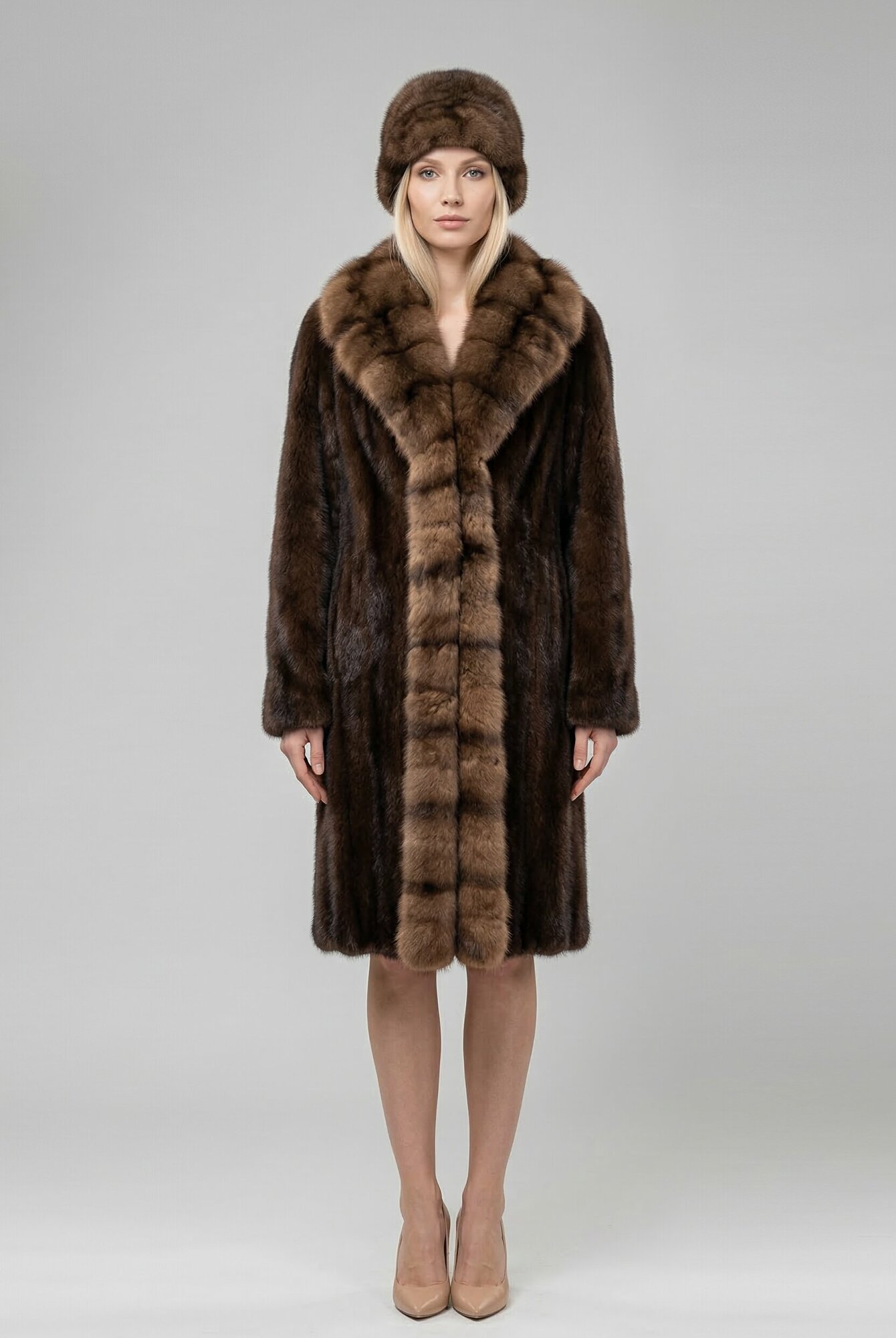 Шуба норковая с отделкой из соболя, размер 50 (L/XL), коричневая