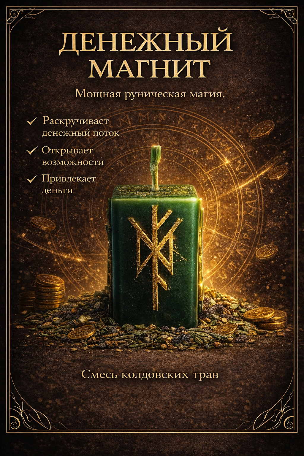 Руническая программная свеча с травами Денежный Магнит. Инструкция в комплекте.